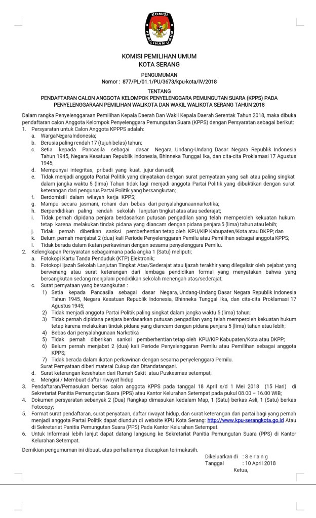 Pengumuman dan Syarat Pendaftaran Calon Anggota KPPS Pilwalkot Serang ... Pengumuman dan Syarat Pendaftaran Calon Anggota KPPS Pilwalkot Serang ...